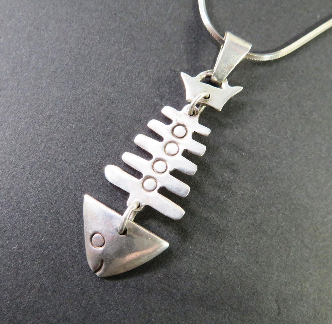 Taxco Mexico Silver Fish Skeleton Pendant Necklace, Articulated ...
