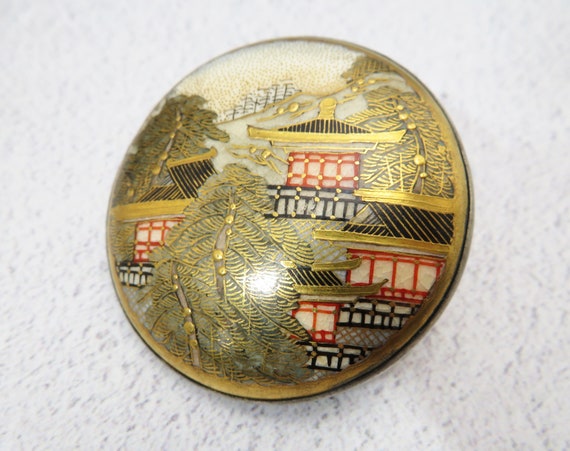 Antique Japanese Satsuma Pottery Belt Buckle, Gold Pa… - Gem