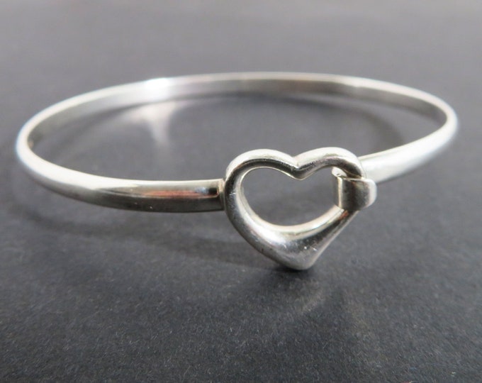 Sterling Silver Bangle With Heart Closure, Handmade - Etsy