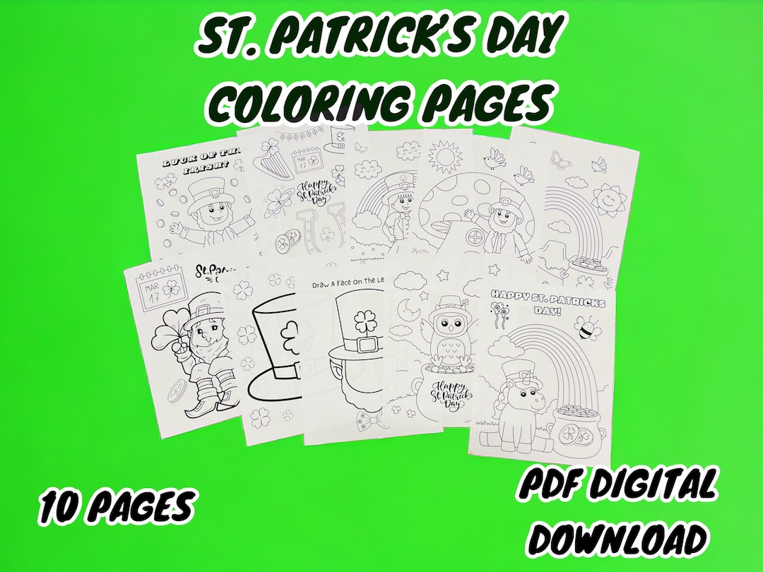10 Printable Coloring Pages for Kids, Digital St Patricks Day Color ...