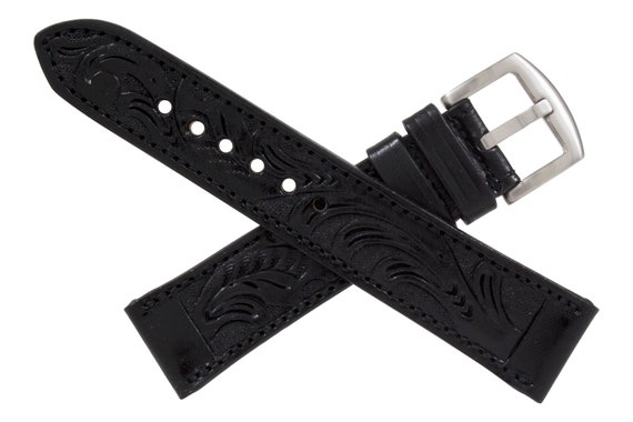 Black Hand Tooled Leather Watch Strap handmade in Texas USA | Etsy