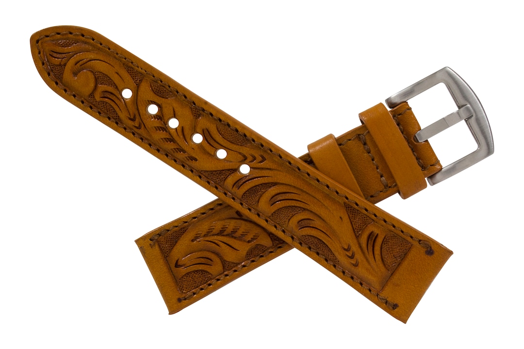 Tan Hand Tooled Leather Watch Strap (handmade in Texas USA) - Etsy