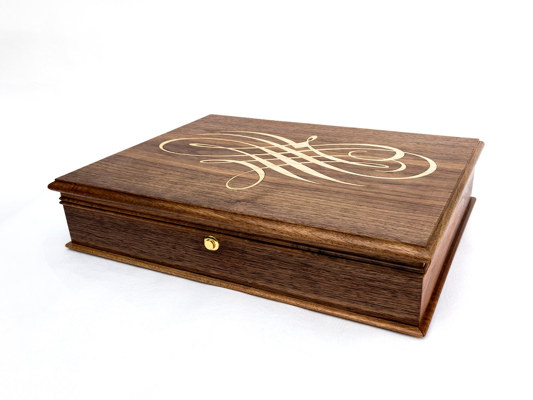 Large Walnut Wood Inlaid Document Box Memory Box Personalized Keepsake ...