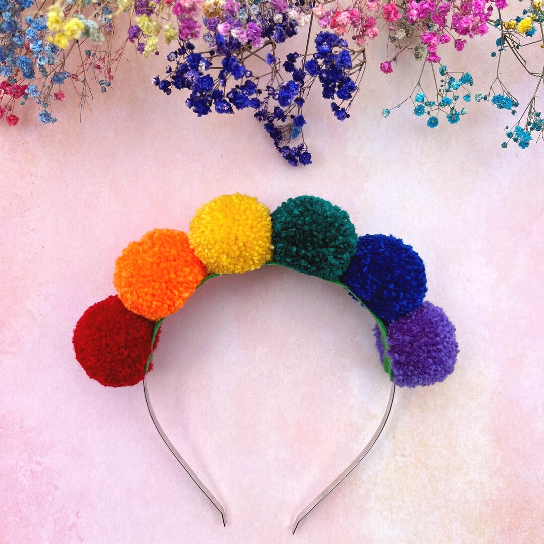 Colours of the Rainbow Pom Pom Headband, Woollen Hair Accessories ...
