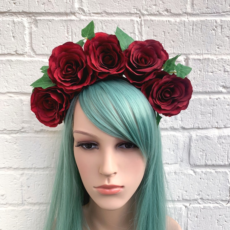 Red Rose Flower Crown Dark Red Rose Headband Pagan Wedding - Etsy