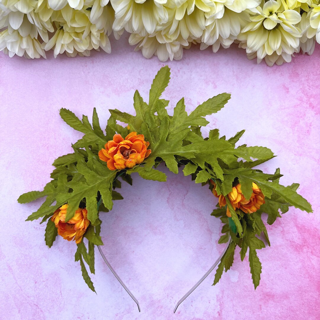 Light Green Leaf Headband, Orange Marigold Flower, Autumn Accessories ...