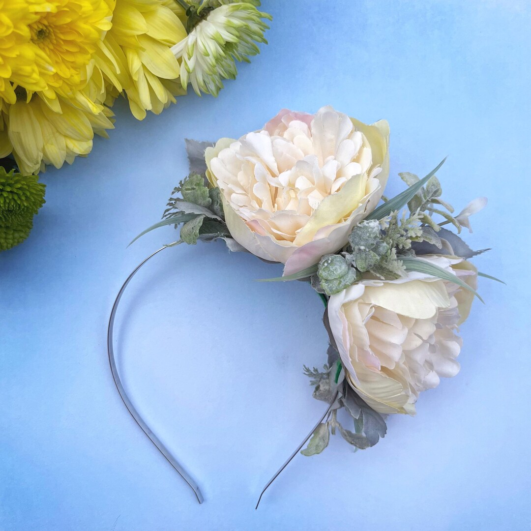 Pastel Yellow and Grey Fascinator, Large Peony Headband, Wedding Guest ...