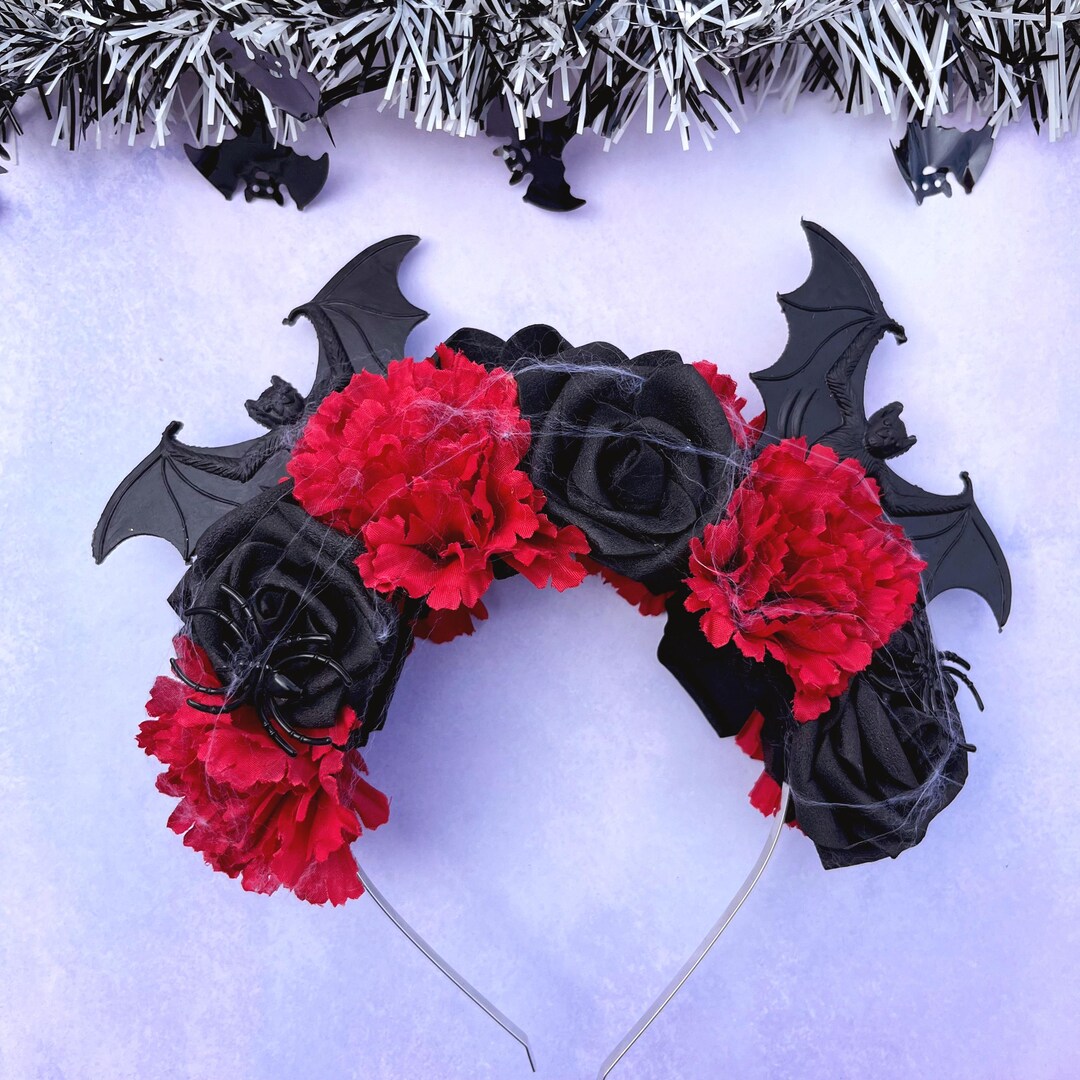 Halloween Bat Flower Crown, Black and Red Roses, Spooky Spiderweb, Day ...