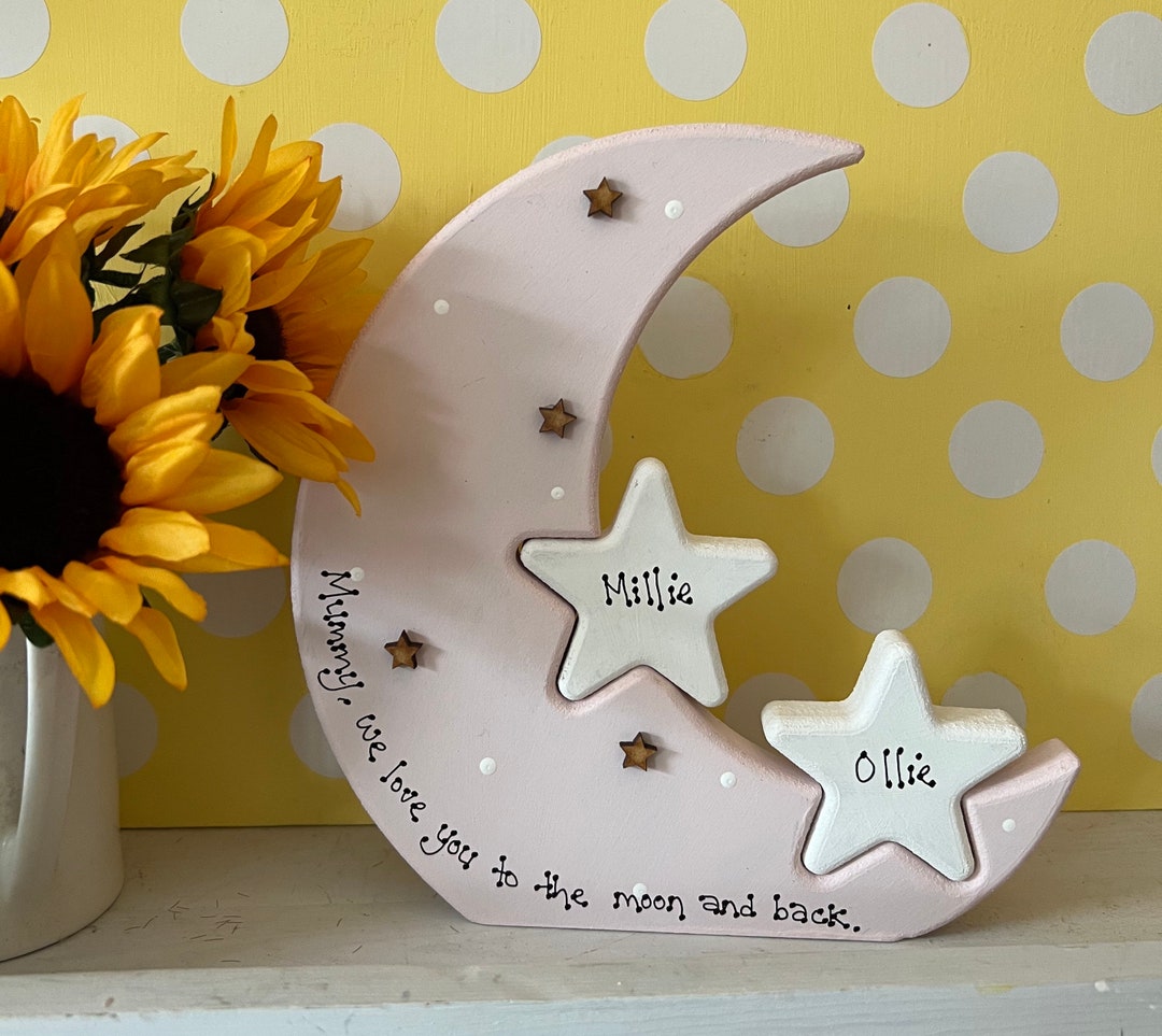 Personalised Mum Wooden Moon & Stars, Mummy We Love You Moon, Wooden ...
