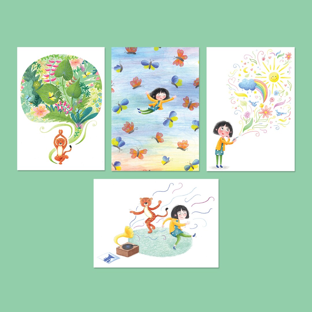 Set of 4 Illustrated Postcards, Cute Greeting Cards for Kids, Animal ...
