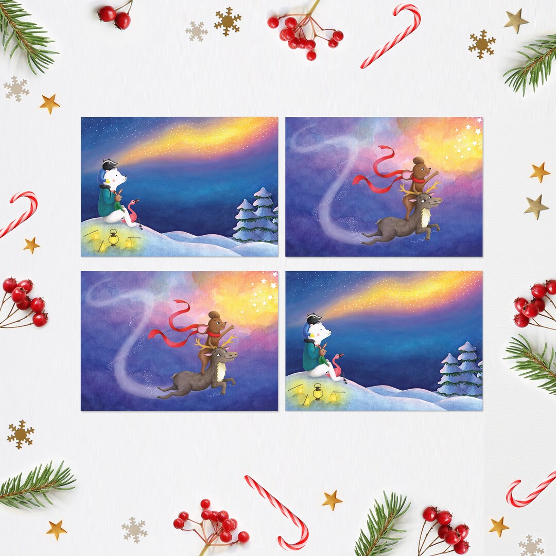 Set of 4 Magical Christmas Cards, Festive Card Pack, Bundle of Animal ...