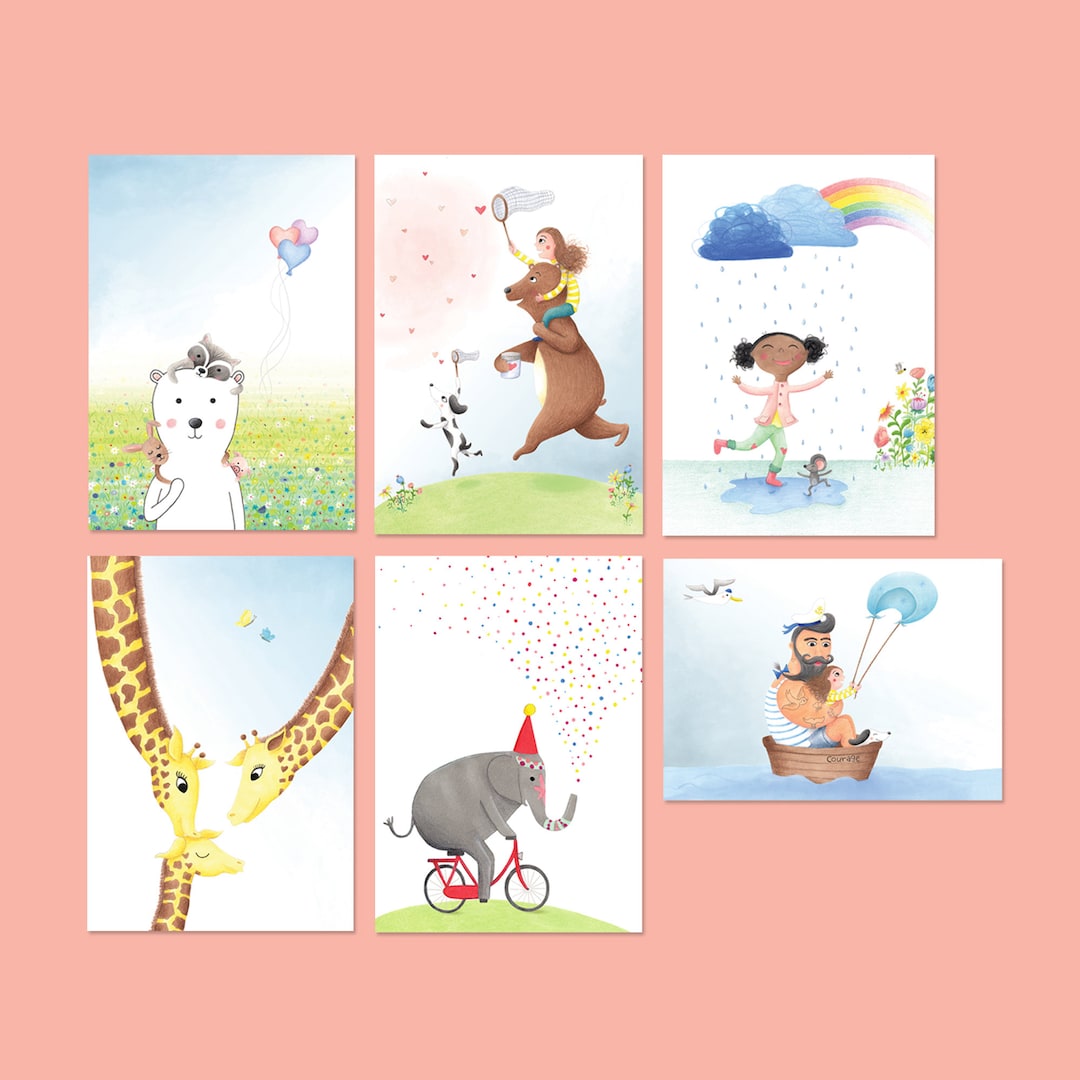 Set of 6 Animal Postcards, Cute Illustrated Cards, Animal Illustrations ...