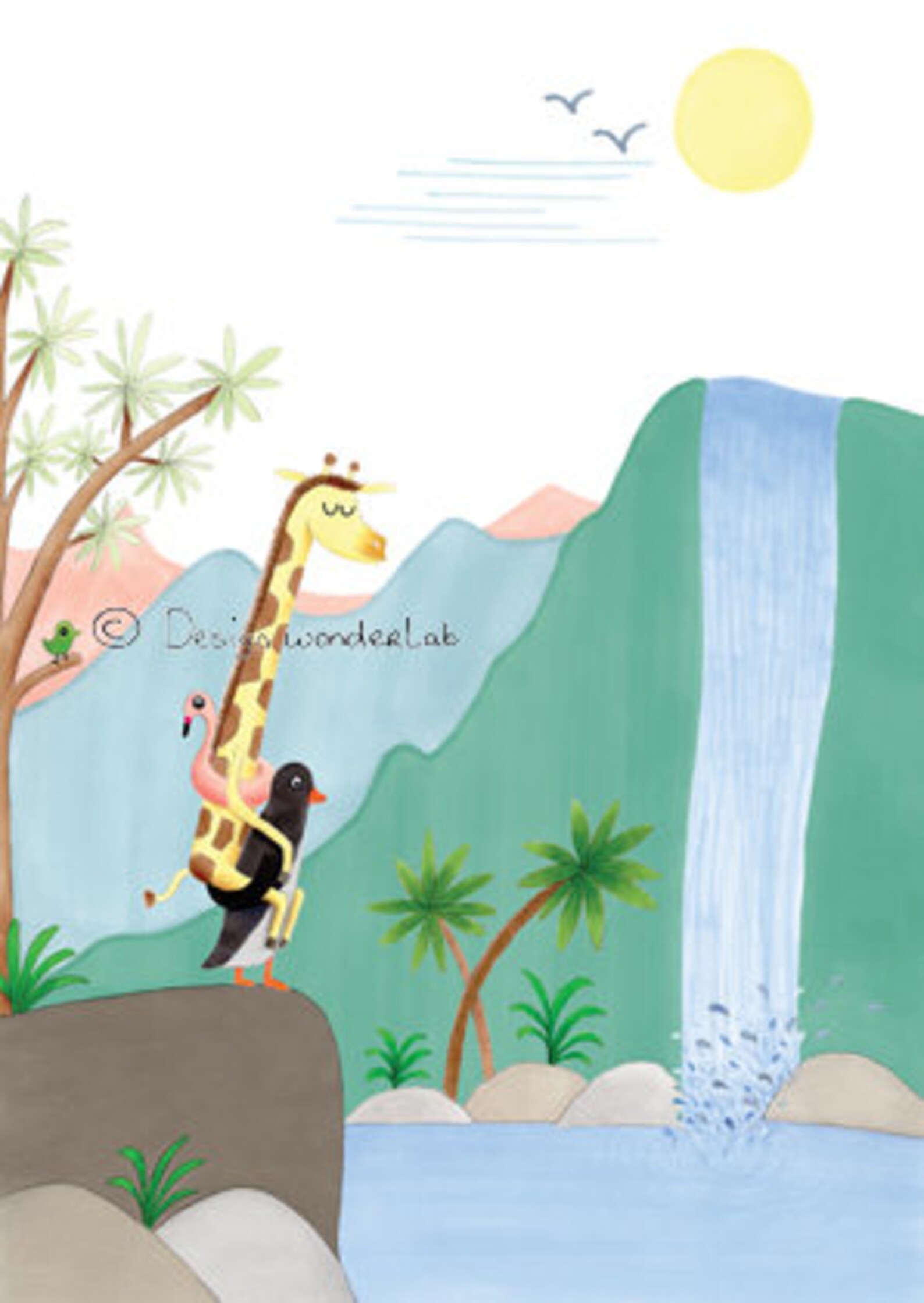 Postcard Giraffe and Penguin A6 Cute Animal Illustration | Etsy