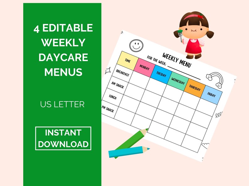 Editable Weekly Daycare Menu Bundle, 4 Fun Daycare Printable Menus ...