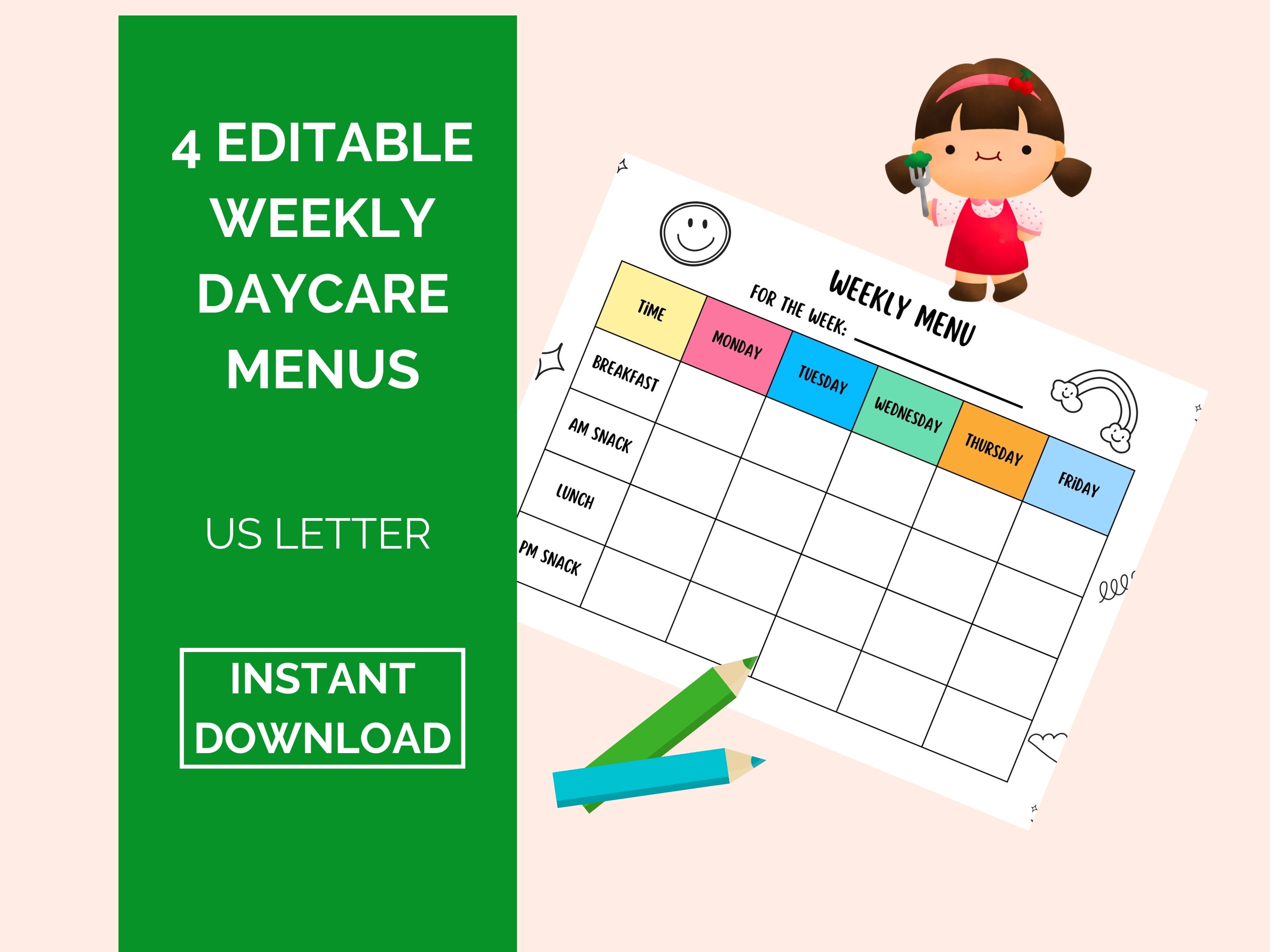 Editable Weekly Daycare Menu Bundle, 4 Fun Daycare Printable Menus ...