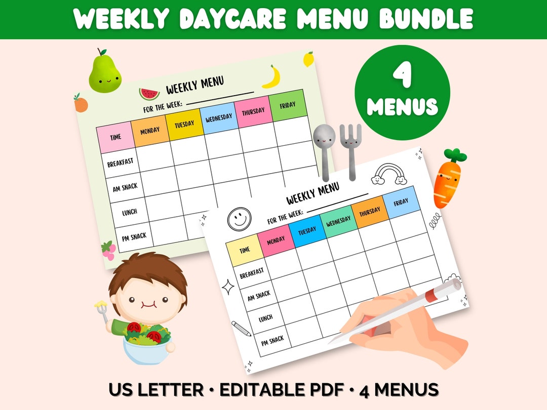 Editable Weekly Daycare Menu Bundle, 4 Fun Daycare Printable Menus ...