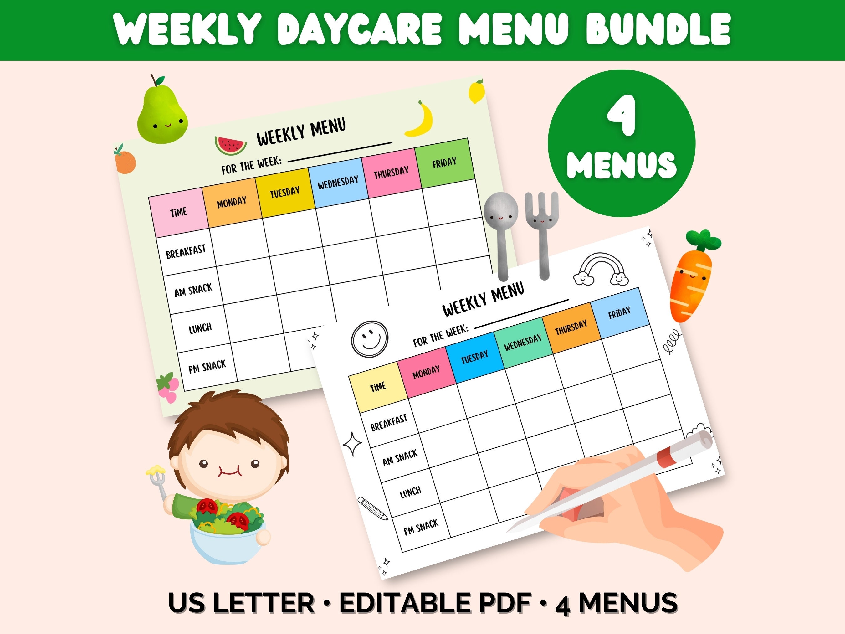 Editable Weekly Daycare Menu Bundle, 4 Fun Daycare Printable Menus ...
