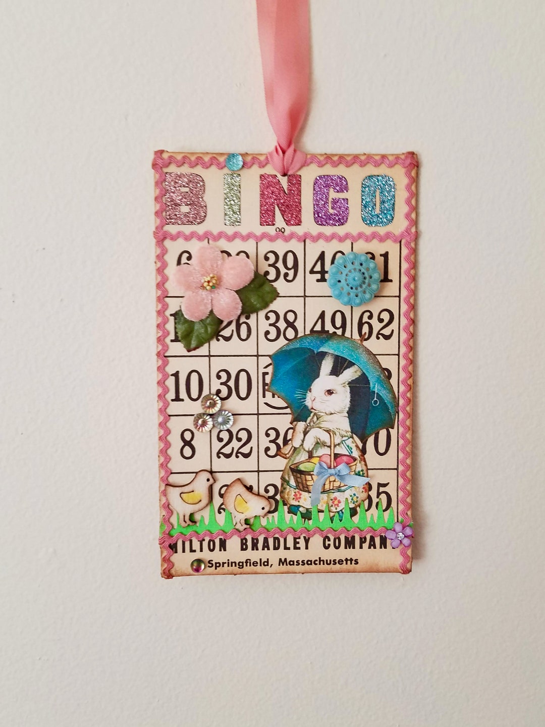 Handmade Easter Bingo Card, Easter Feather Tree Ornament, Altered Bingo ...