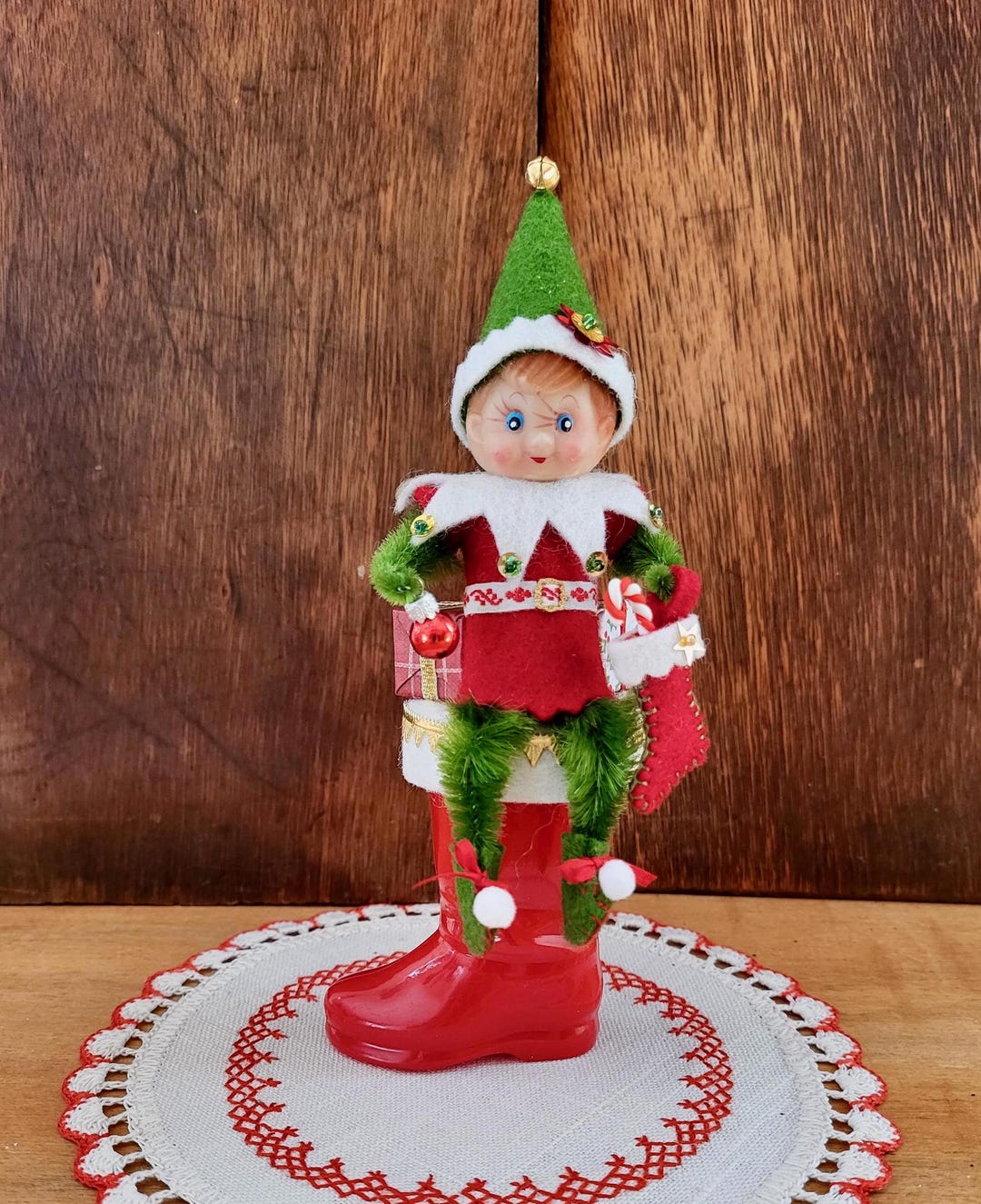Pixie Elf Assemblage, Handmade Elf Decoration, Rosbro Santa Boot, up ...