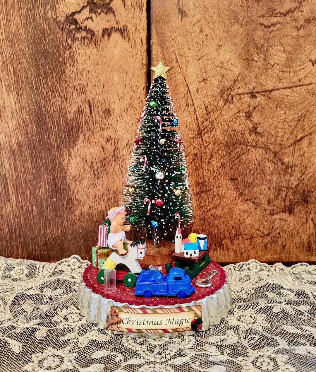 Christmas Tree Assemblage, Vintage Toy Assemblage, Christmas Tart Tin ...
