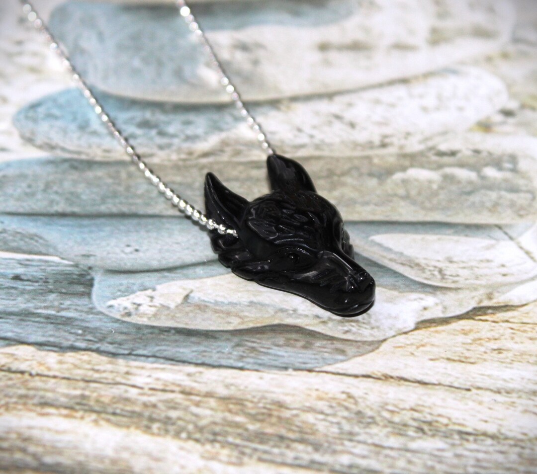 Silver Chain Wolf Head Black Agate Chain Pendant Silver - Etsy