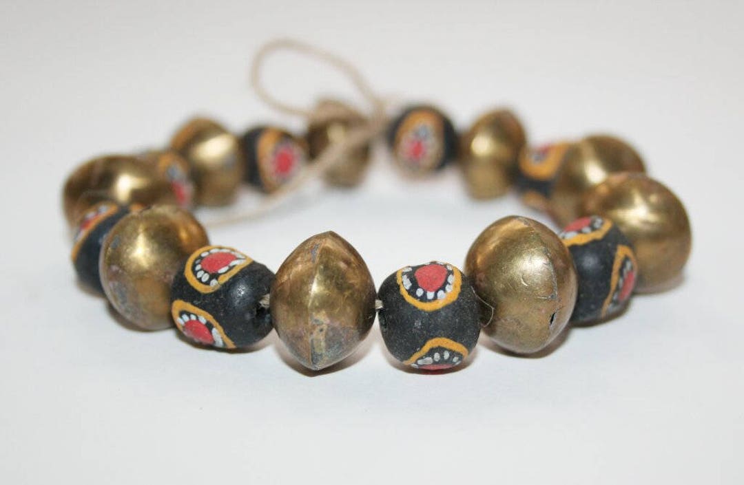 Mix Strand, Ashanti Beads, Yellow Cast Iron, Brass Beads, Ghana, 14/15 ...