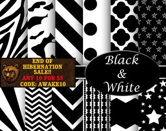 Black and White Digital Paper, Background, Scrapbook Papers, Commercial ...