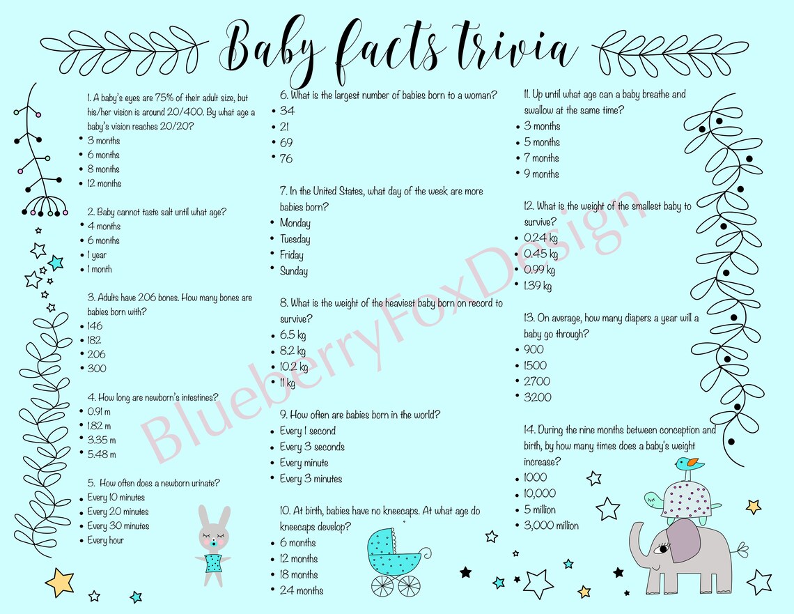 Baby Shower Game. Baby Facts Trivia. Printable. Instant Download. Baby ...