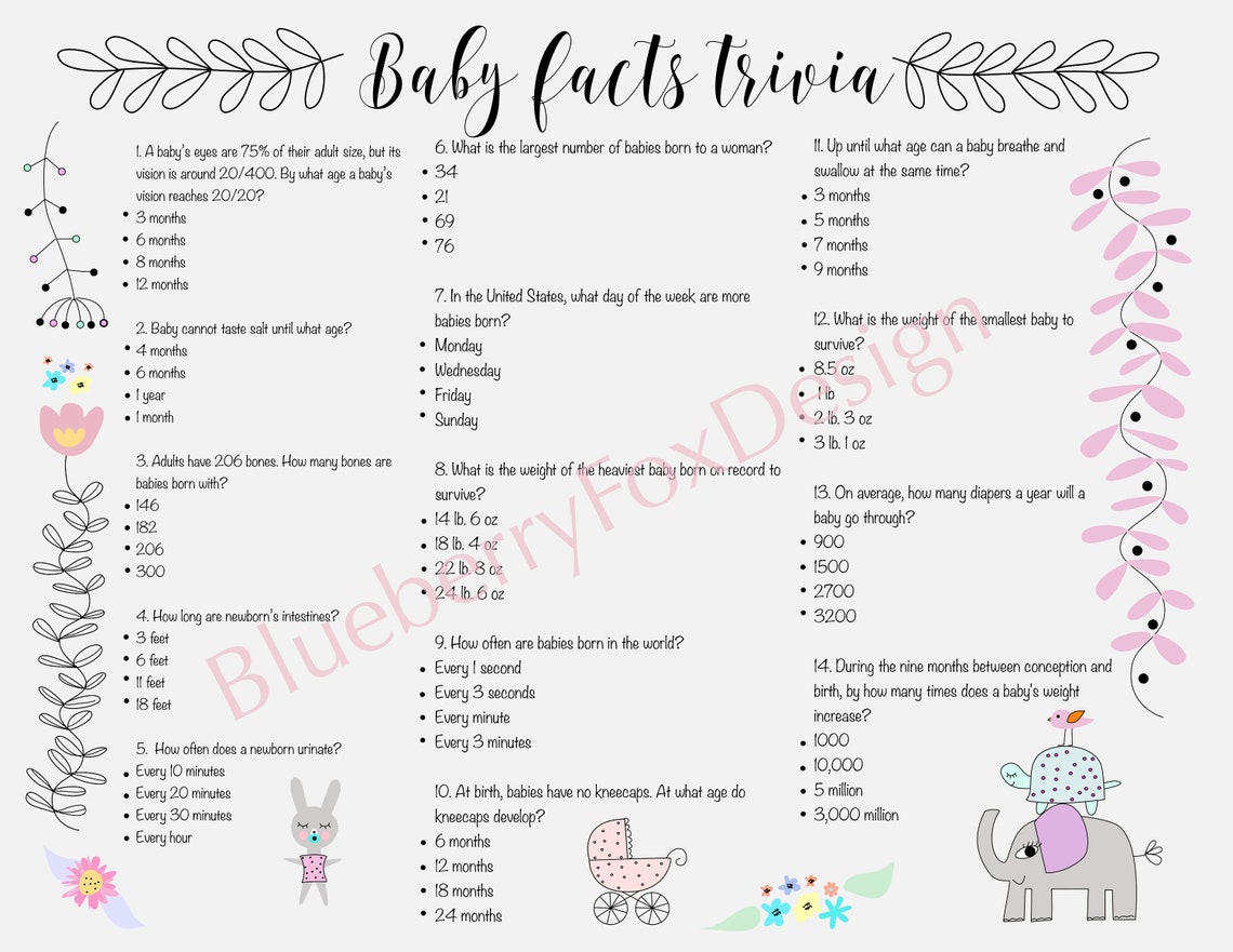 Baby Shower Game. Baby Facts Trivia. Printable. Instant Download. Baby ...