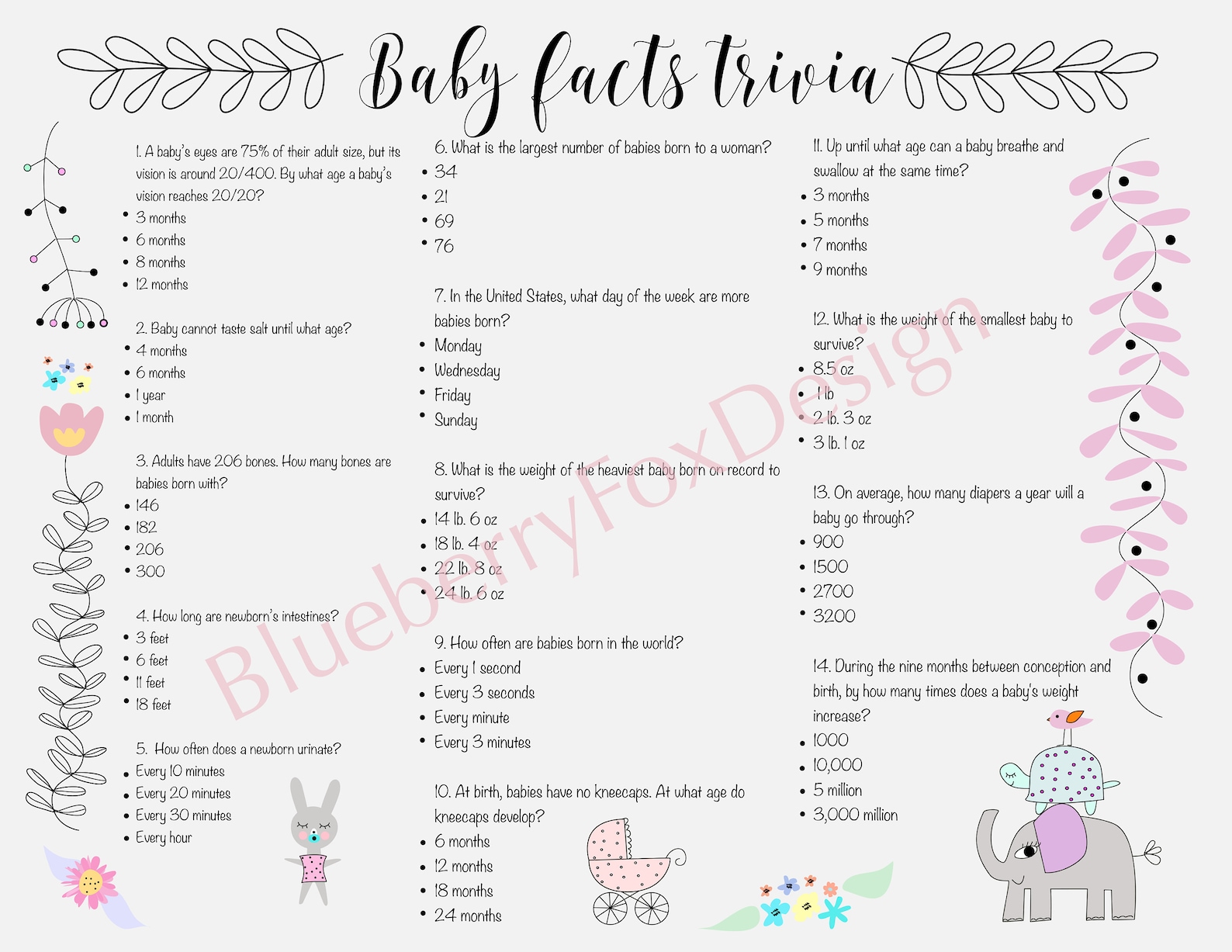 Baby Shower Game. Baby Facts Trivia. Printable. Instant Download. Baby ...