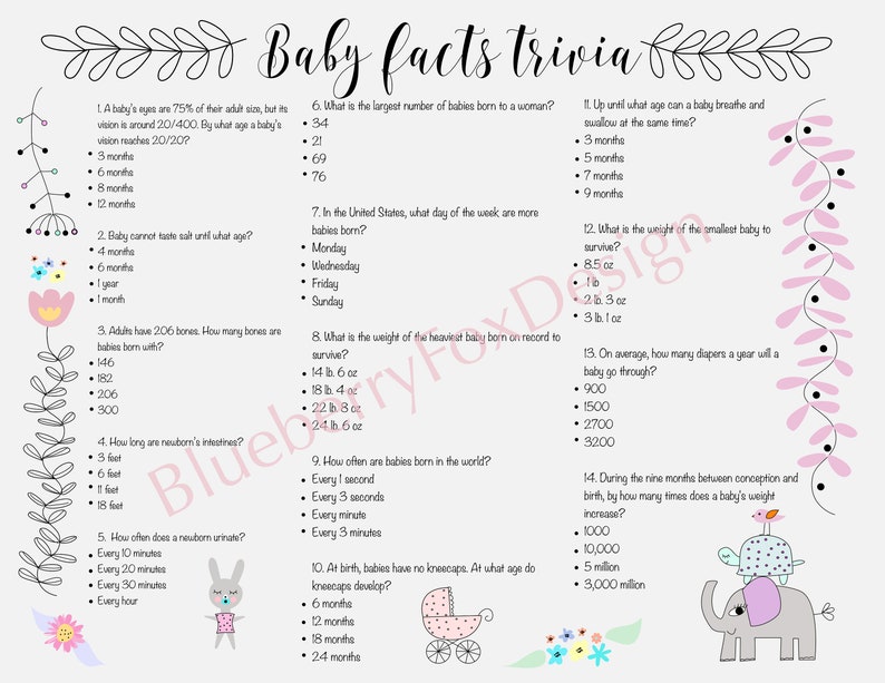 Baby Shower Game. Baby Facts Trivia. Printable. Instant Download. Baby ...
