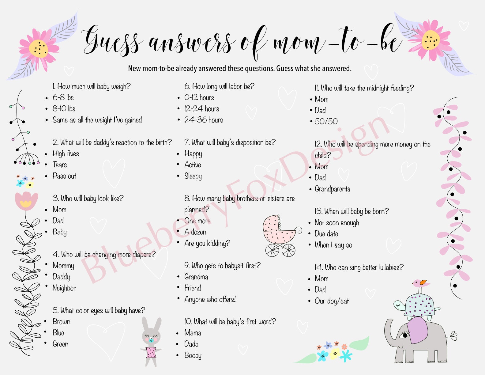 Baby Shower Game. Guess Answers of Mom-to-be. Printable. Instant ...