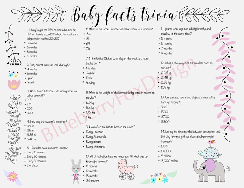 Baby Shower Game. Baby Facts Trivia. Printable. Instant Download. Baby ...