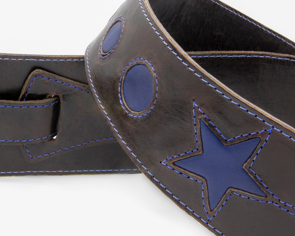 Handcrafted Leather Guitar Strap, Space Themed Strap, Brown and Blue ...