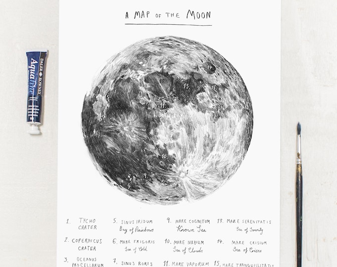 Map of the Moon Print A4 Size - Art Print, Moon Art, Moon Illustration ...