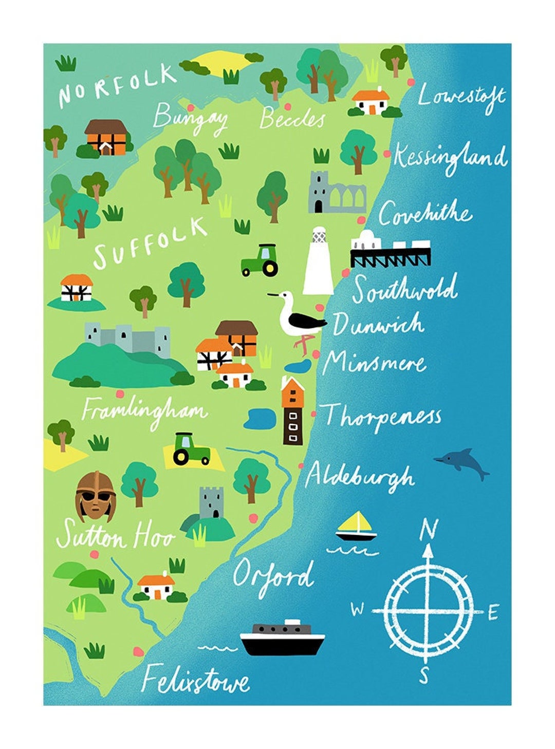 Suffolk Map A4 Illustrated Giclee Print - Etsy