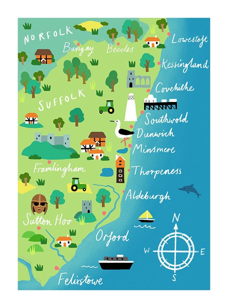 Suffolk Map A4 Illustrated Giclee Print - Etsy UK