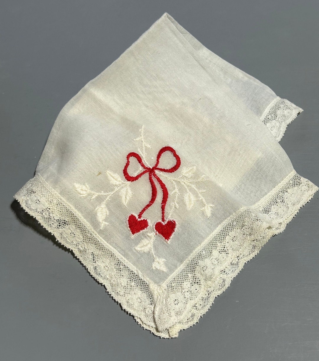 Vintage Embroidered Sheer Handkerchief Edged With White Lace and ...