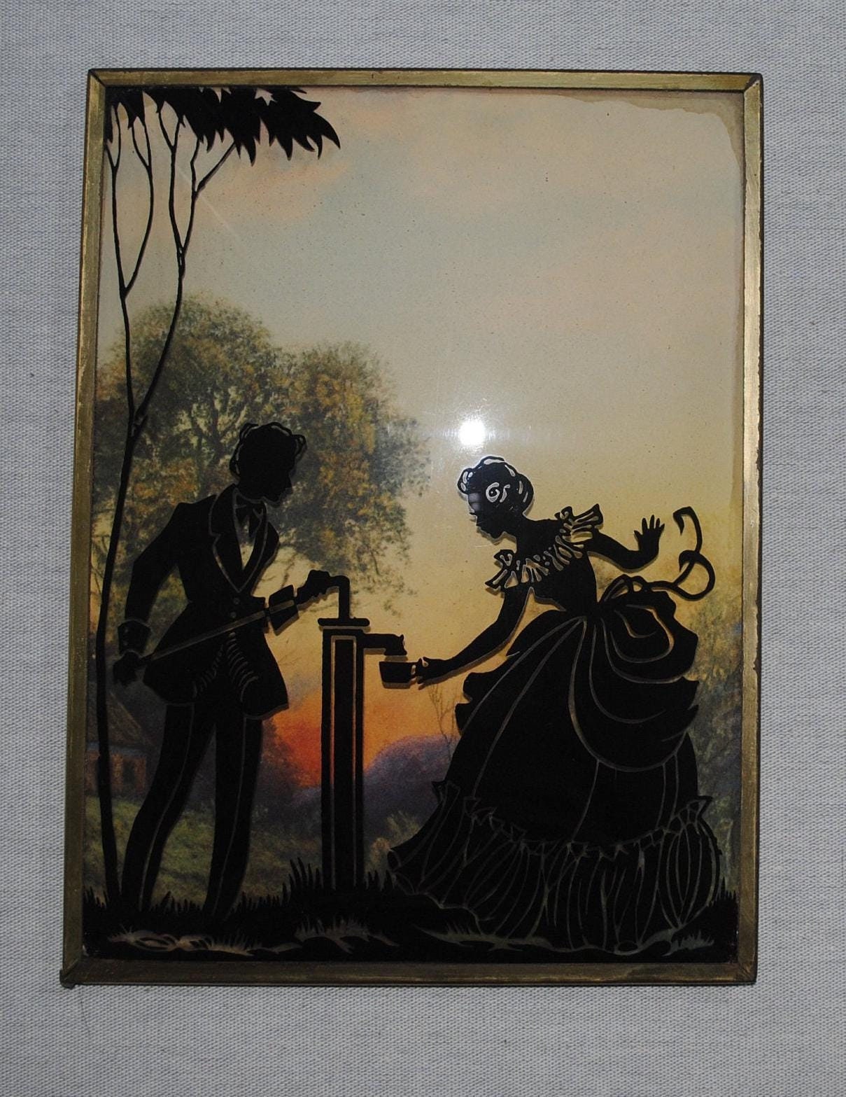 Antique Reverse Silhouette of a Gentleman and Lady on Glass, Framed ...