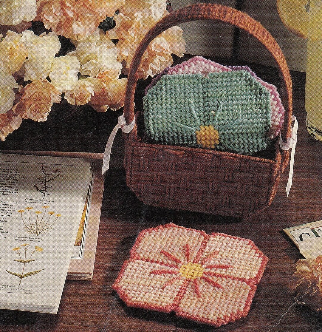 Vintage PDF Plastic Canvas Pattern - Flower Coaster With Basket - Etsy