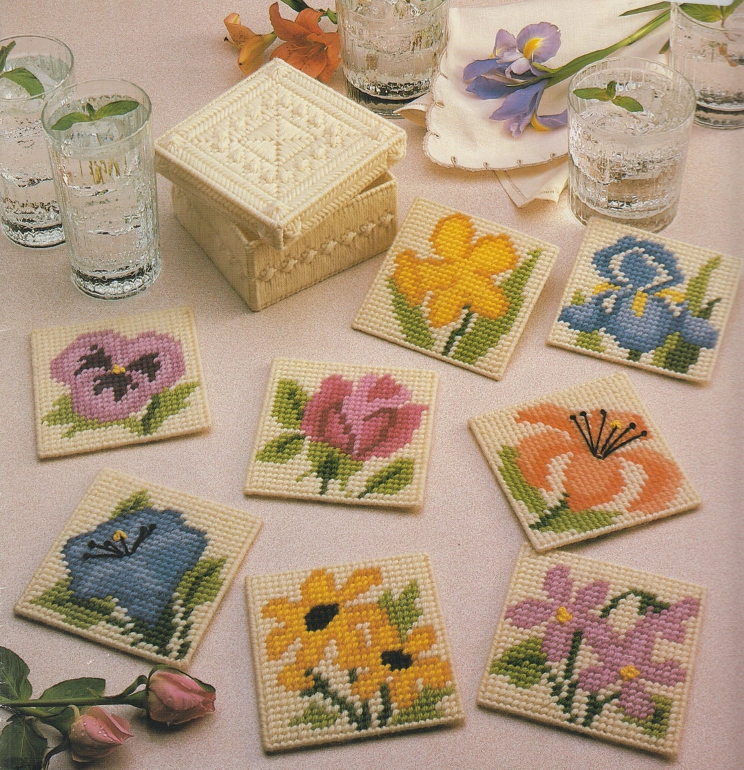 Vintage PDF Plastic Canvas Pattern - Floral Coasters - Etsy