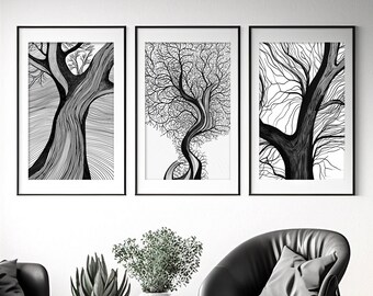 Autumn Line Decoration Fall Decor Set of 3 Wall Original Artwork Black ...