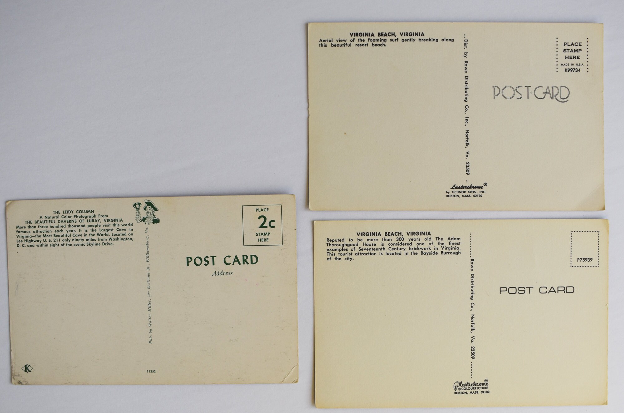 3 Vintage Virginia Postcards, Leidy Column, Virginia Beach, Adam ...