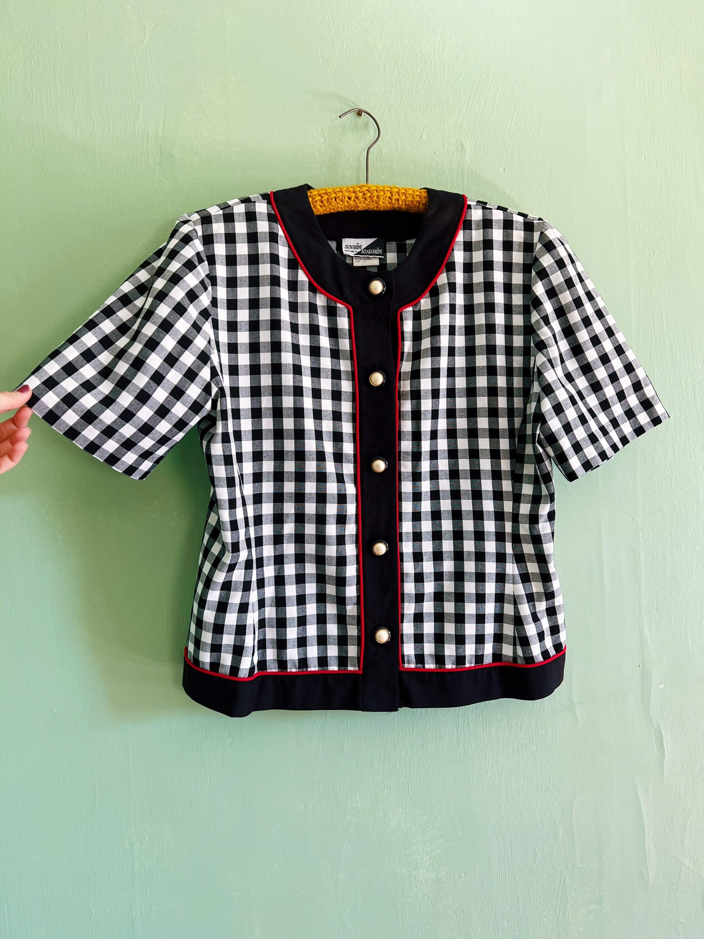 80s Black and White Checkerboard Print Blouse With Jersey Style Fit ...