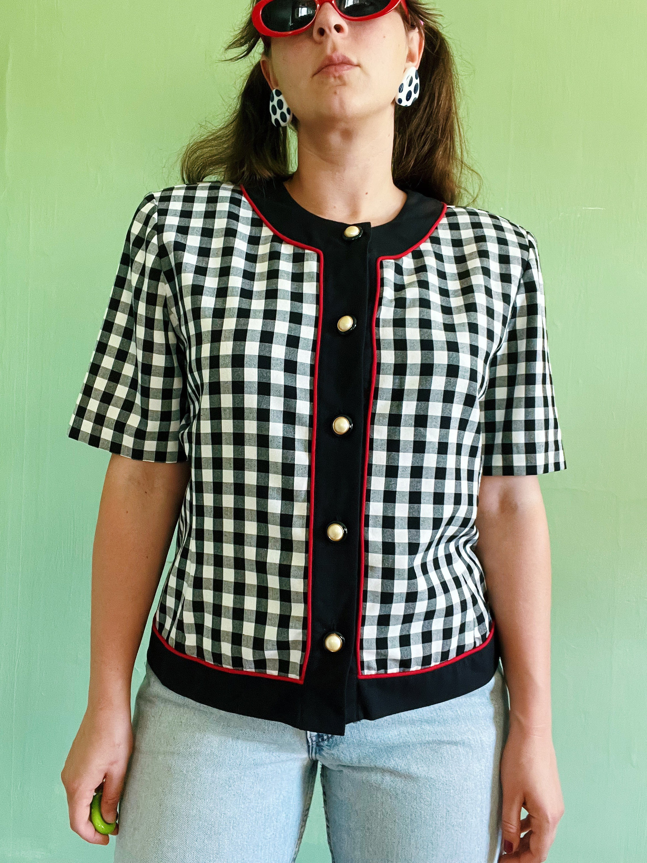 80s Black and White Checkerboard Print Blouse With Jersey - Etsy