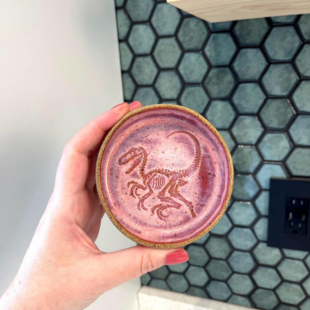 Pink Velociraptor Fossil Plate – Handmade Ceramic Dinosaur Dish ...