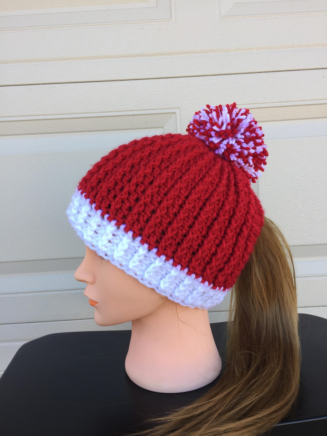 Low Back Pom Pony Hat, Pony Tail Hat, Ribbed Hat, Teen/adult, Hat ...