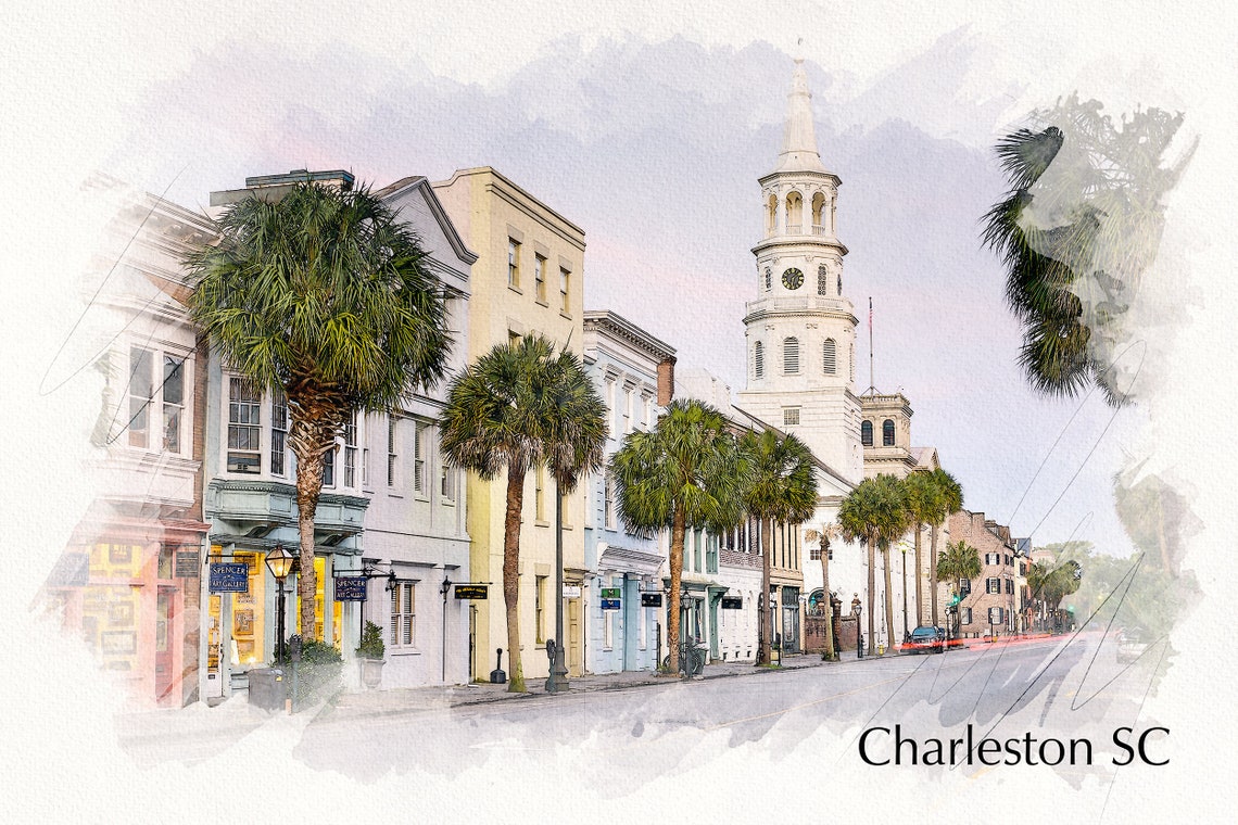 Charleston SC watercolor street scene canvas Charleston | Etsy