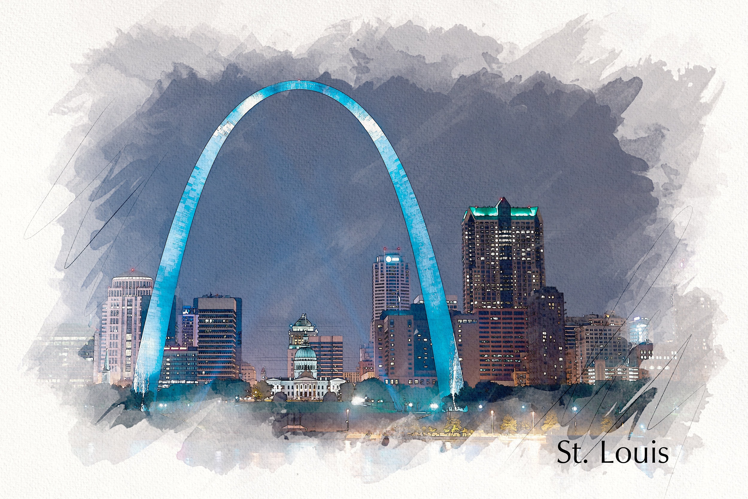 St Louis sketch watercolor Skyline, St Louis Missouri watercolor, St ...