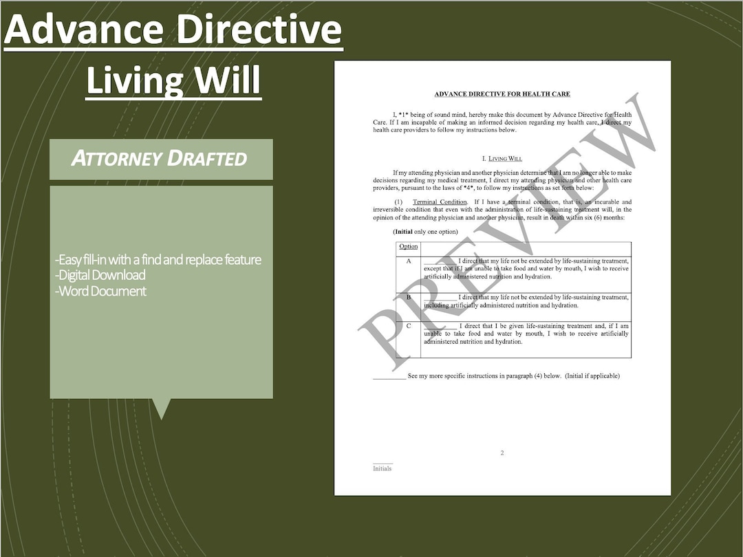 Advance Directive Form - Living Will Form - Attorney Drafted - Digital ...